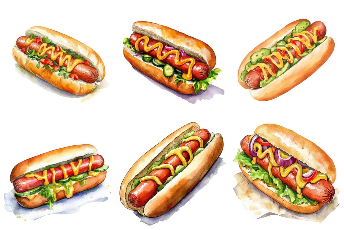 Watercolor Hot Dog Clipart, Png Bundle, Fast Food Clip Art ...