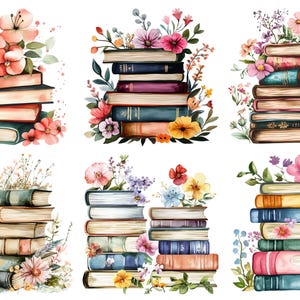 Watercolor Floral Bookstack Clipart, Flower Bookstack Png Bundle, Clip ...