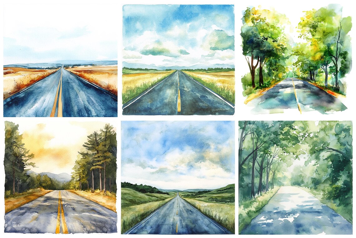 Watercolor Empty Road Clipart Bundle, Empty Road Png, Road Landscape ...