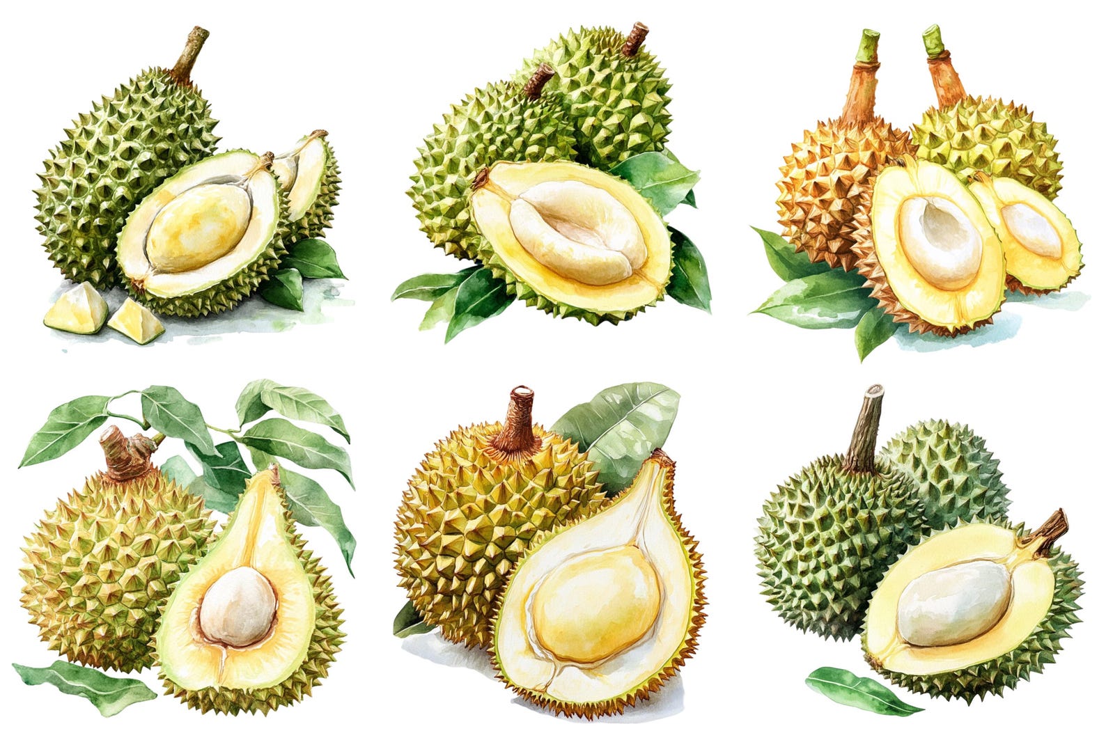 Watercolor Durian Clipart Bundle, Durian Png, Fruit Clip Art ...