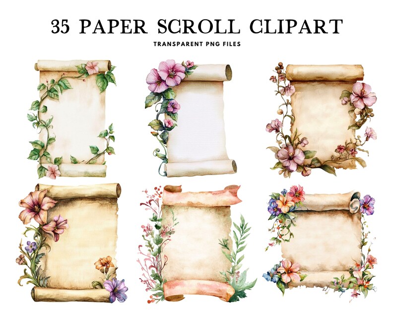 Watercolor Paper Scroll Clipart, Png Bundle, Vintage Clip Art, Antique ...