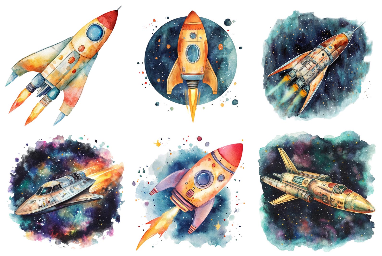 Watercolor Spaceship Clipart, Png Bundle, Rocket Ship Clip Art, Space ...