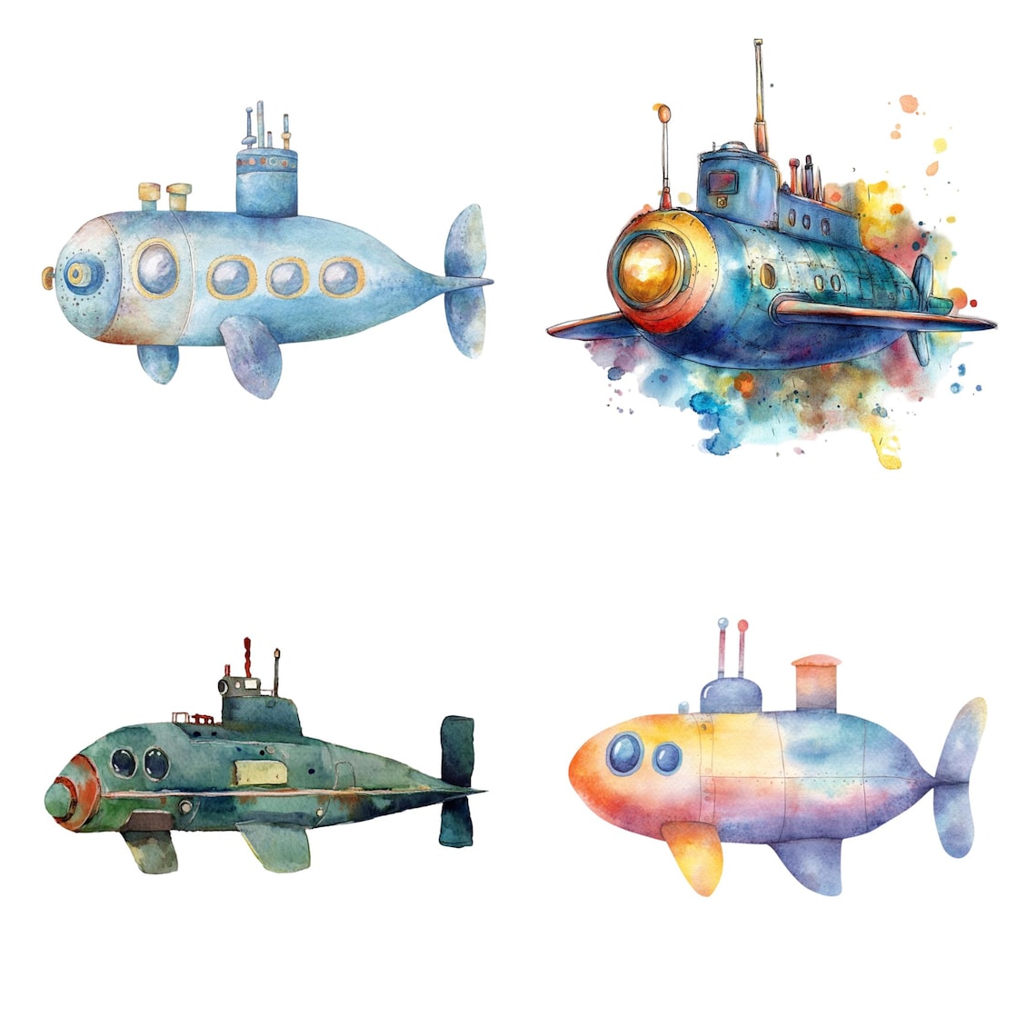 Watercolor Submarine Clipart, Png Bundle, Nautical Clip Art, Underwater ...