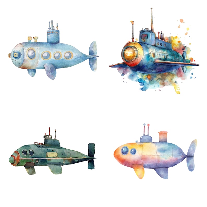 Watercolor Submarine Clipart, Png Bundle, Nautical Clip Art, Underwater ...