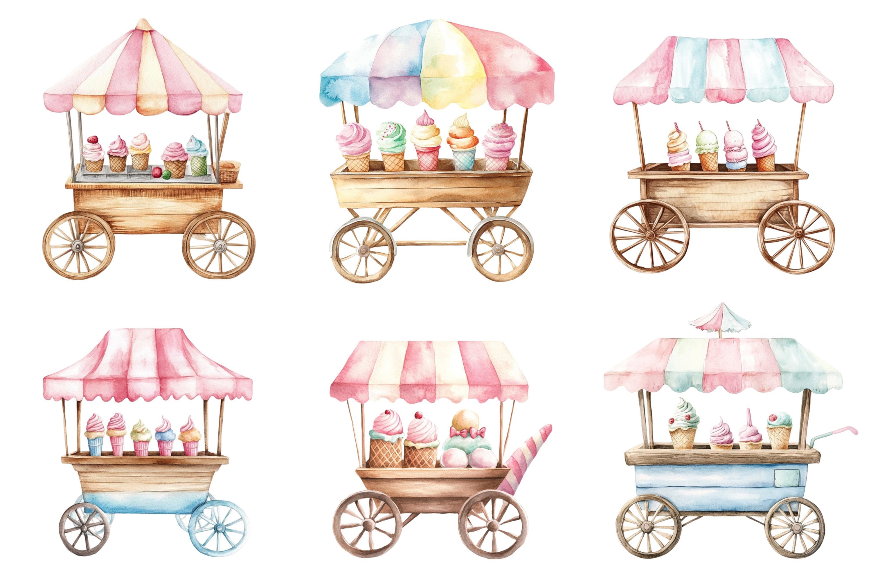 Watercolor Ice Cream Cart Clipart Bundle, Ice Cream Cart Png, Clip Art ...
