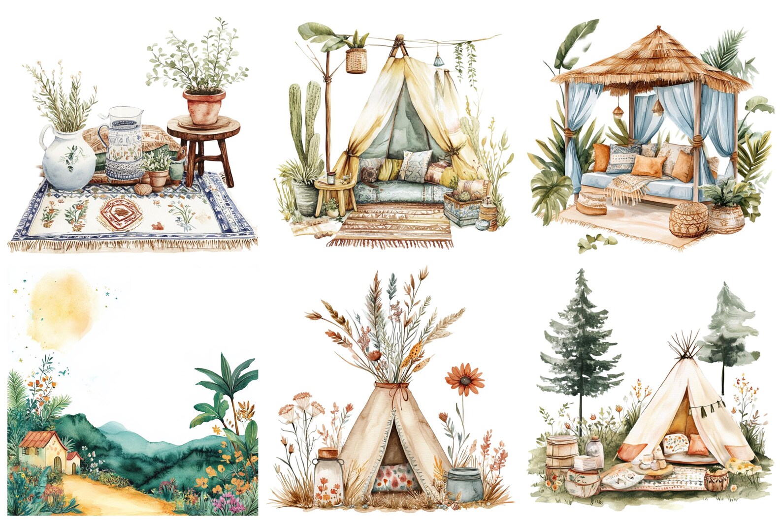 Watercolor Cozy Boho Corner Clipart Bundle, Png, Cozy Clip Art, Boho ...