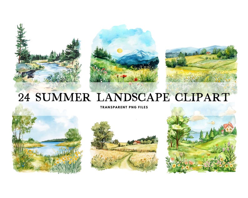 Watercolor Summer Landscape Clipart Bundle, Summer Landscape Png ...
