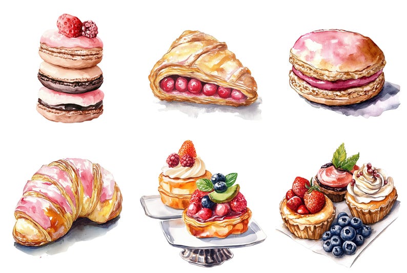 Watercolor French Pastry Clipart, Png Bundle, Dessert Clip Art ...