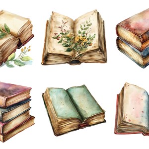 Watercolor Vintage Book Clipart, Png Bundle, Library Clip Art, Reading ...