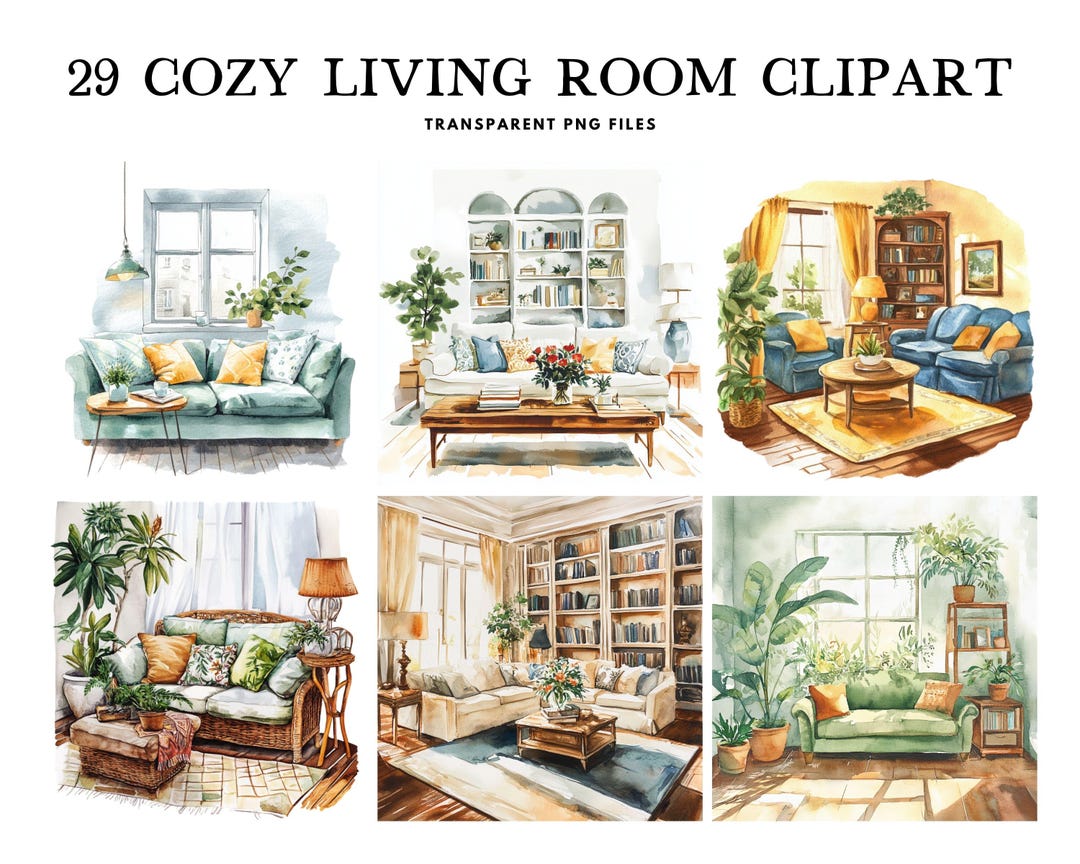 Watercolor Cozy Living Room Clipart Bundle, Png, Cozy Clip Art, Living ...