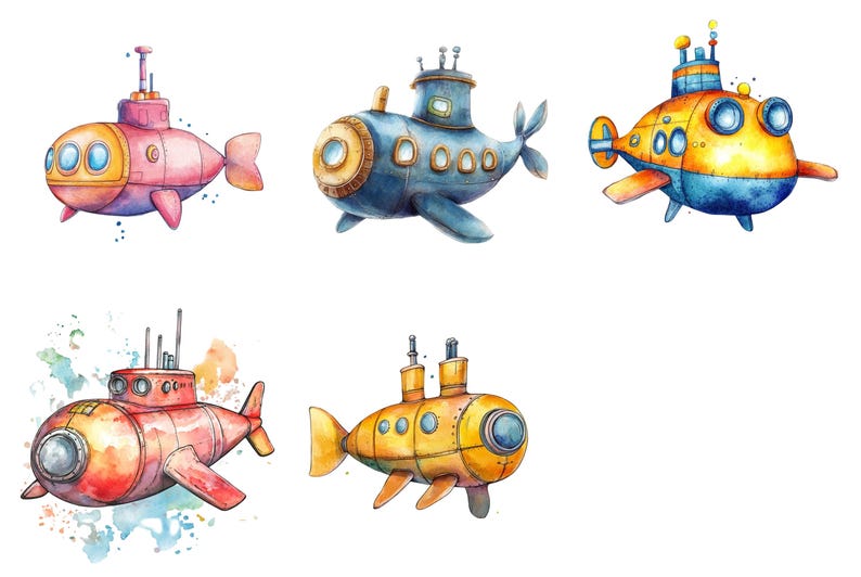 Watercolor Cartoon Submarine Clipart, Png Bundle, Submarine Clip Art ...