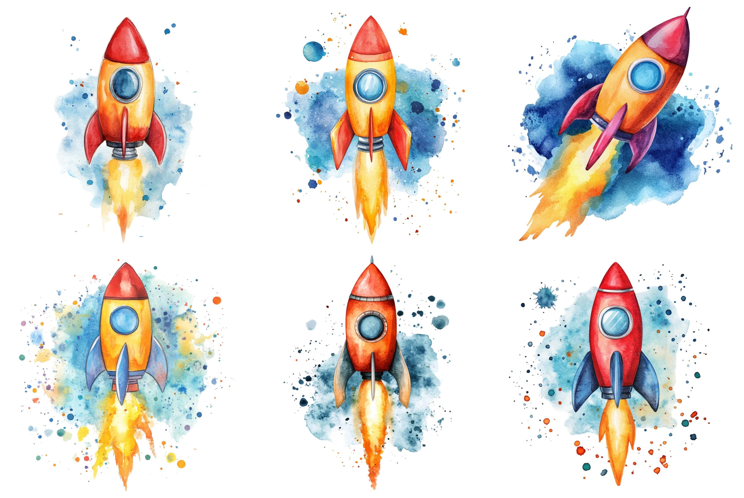 Watercolor Rocket Clipart, Png Bundle, Spaceship Clip Art, Ship ...