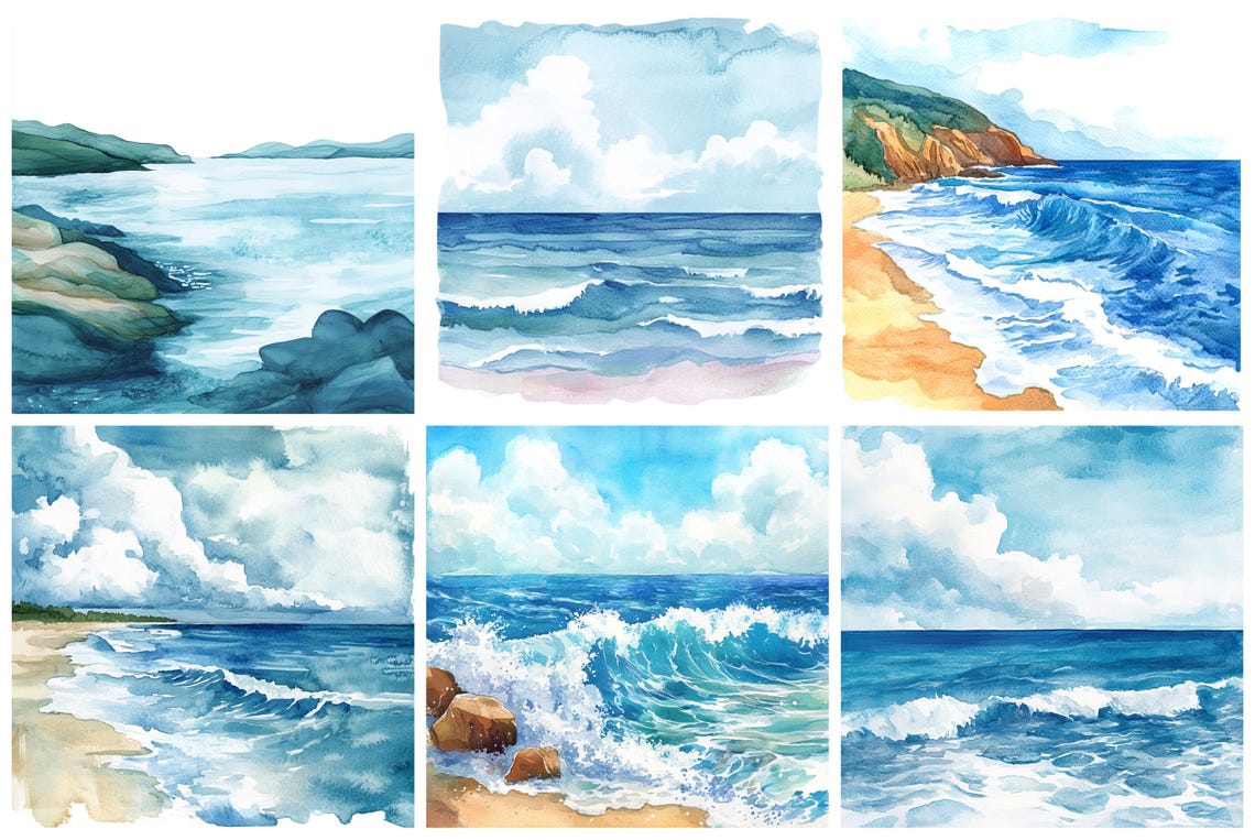 Watercolor Ocean Clipart, Png Bundle, Sea Clip Art, Landscape ...