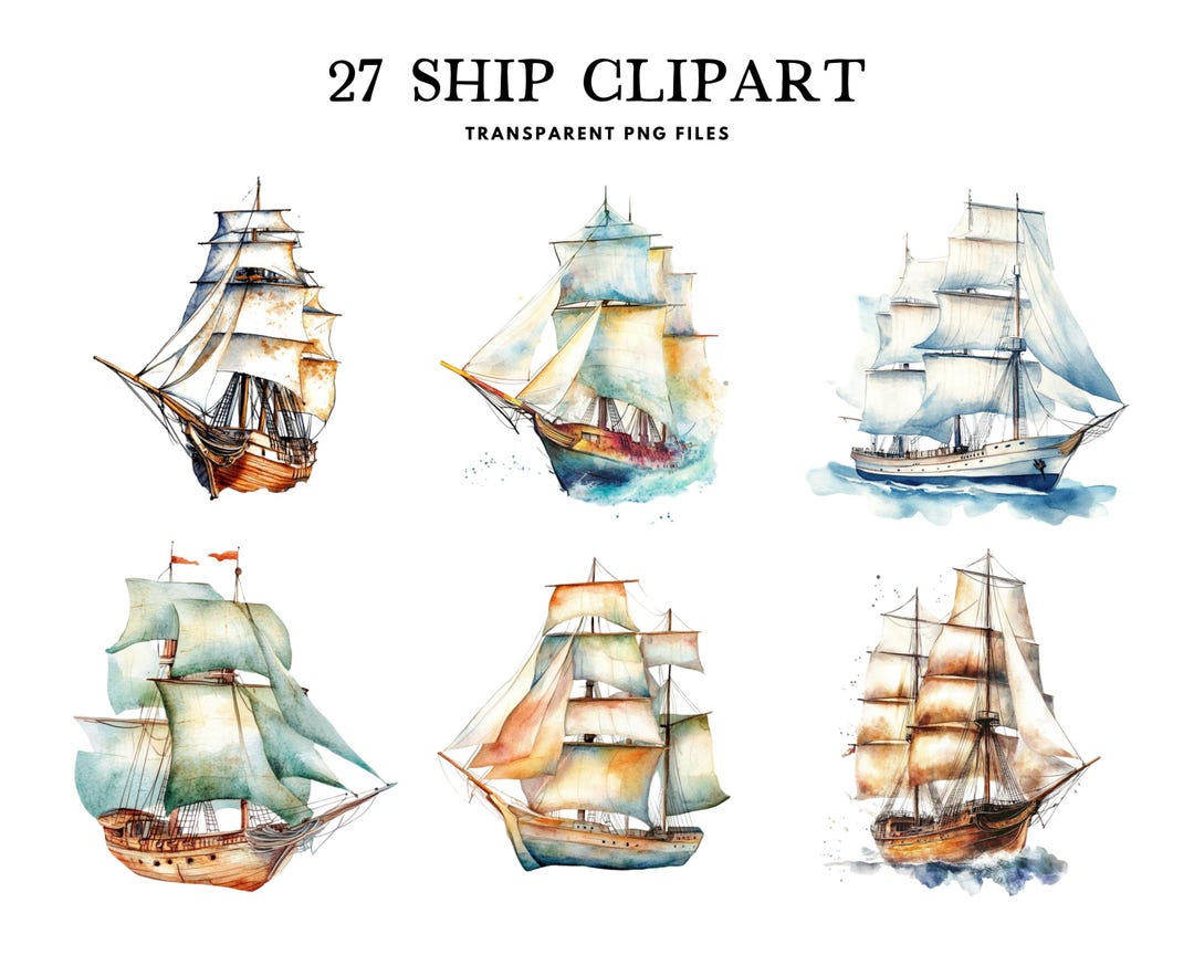 Watercolor Ship Clipart, Png Bundle, Sailing Clip Art, Wooden ...