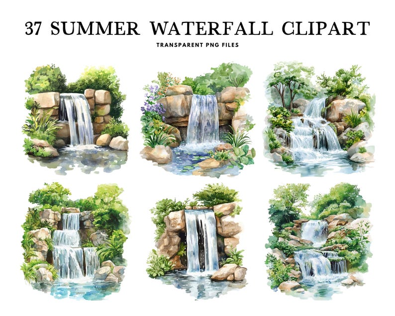 Watercolor Summer Waterfall Clipart, Png Bundle, Clip Art, Landscape ...
