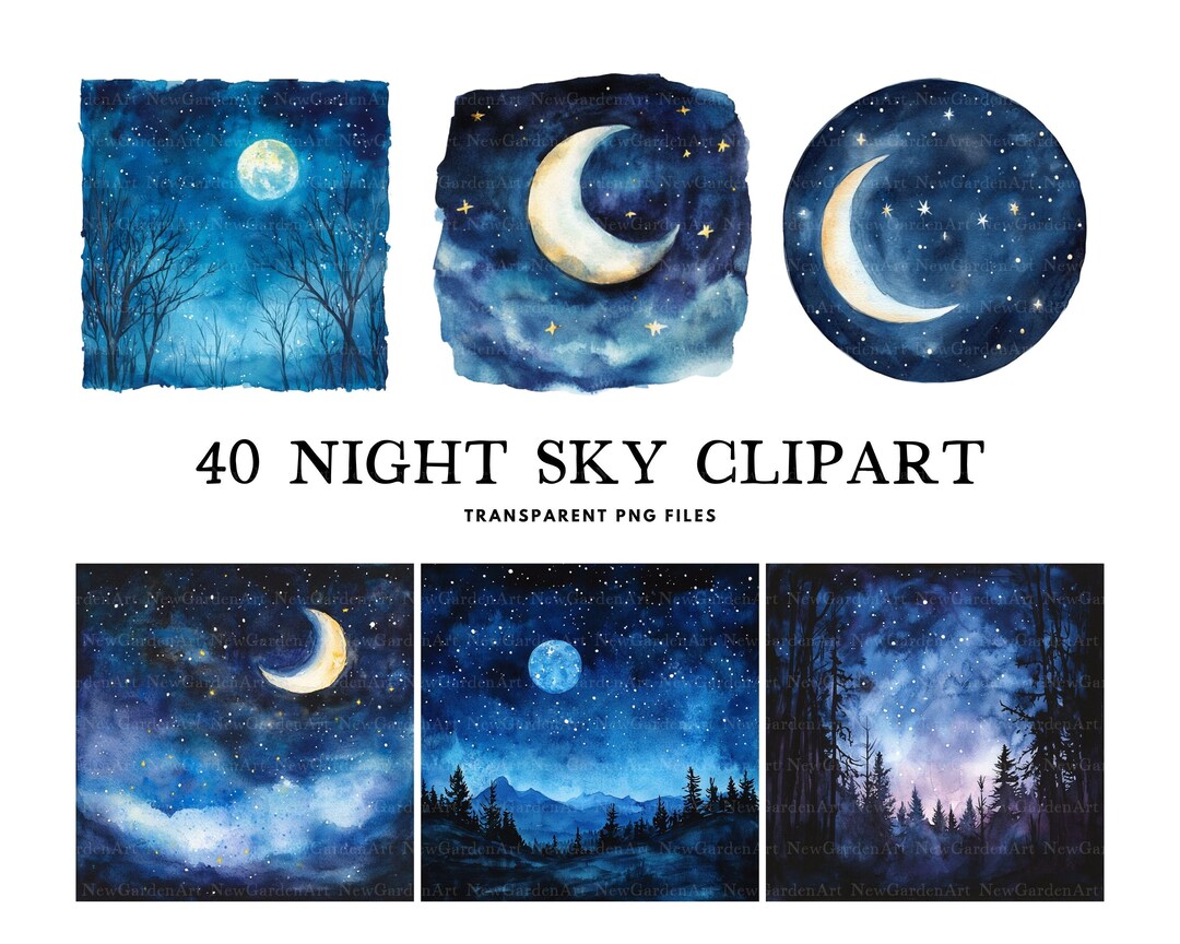 Watercolor Night Sky Clipart Bundle, Night Sky Png, Moon Clip Art, Star ...
