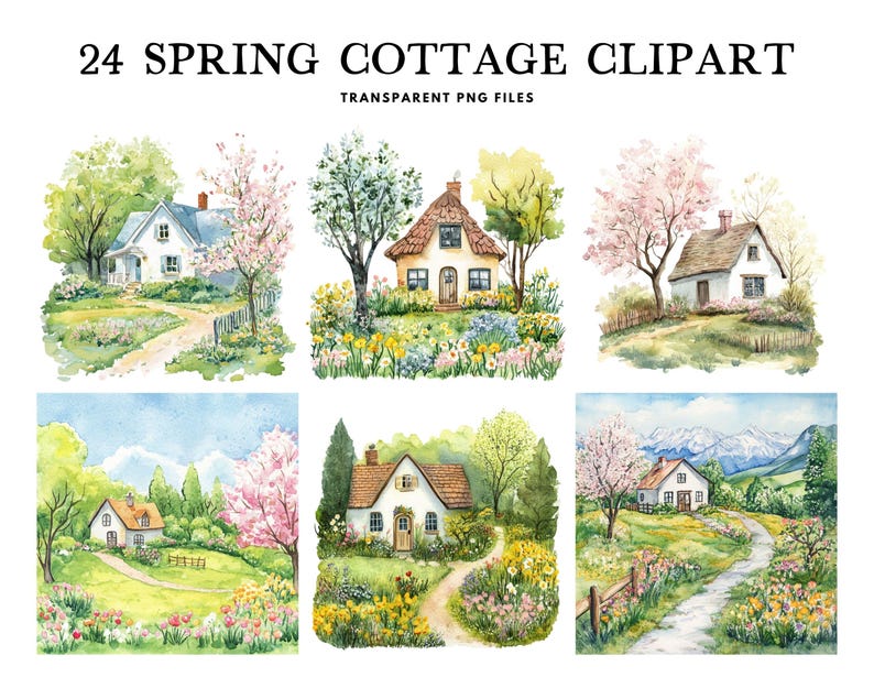 Watercolor Spring Cottage Clipart, Png Bundle, Clip Art, Illustration ...