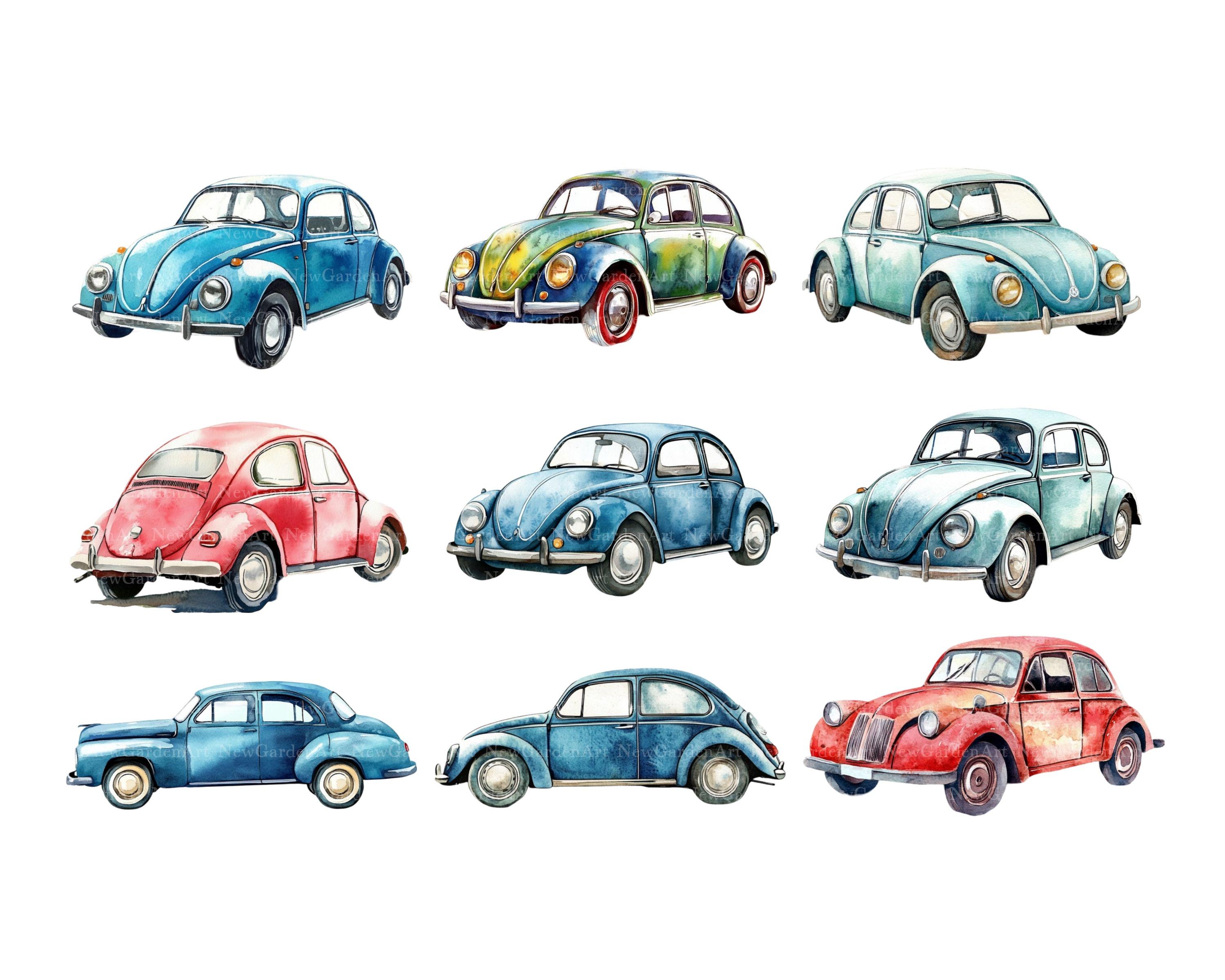 Watercolor Car Clipart Bundle, Car Png, Vintage Car Clip Art, Retro Car ...