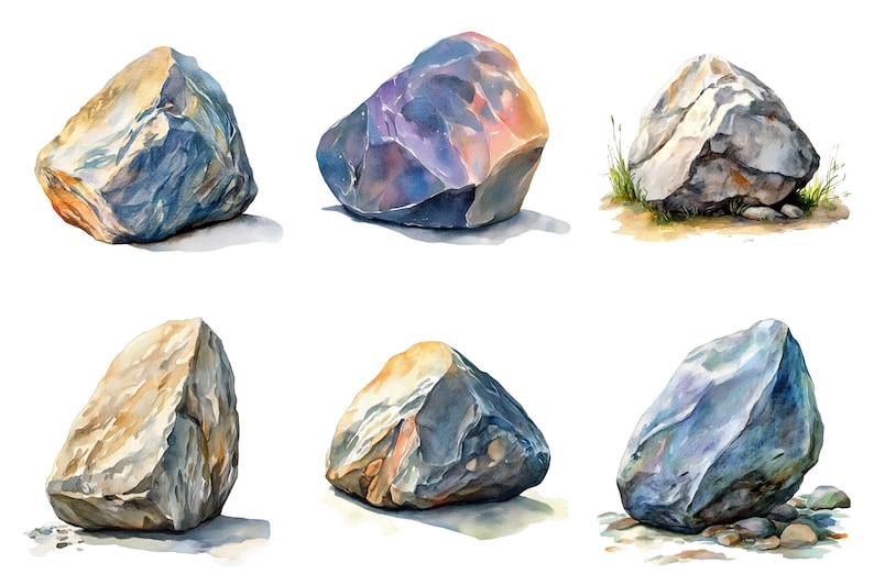 Watercolor Rock Clipart, Rock Png Bundle, Stone Clip Art, Illustration ...