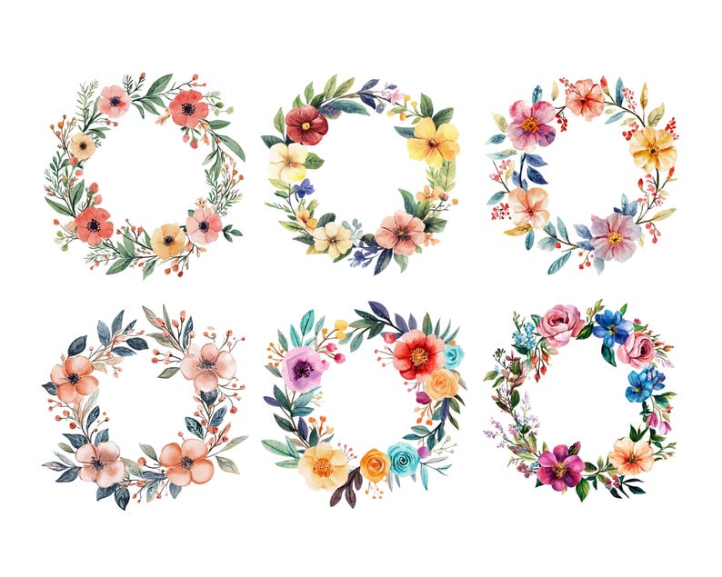 Watercolor Floral Wreath Clipart Bundle, Floral Wreath Png, Flower ...