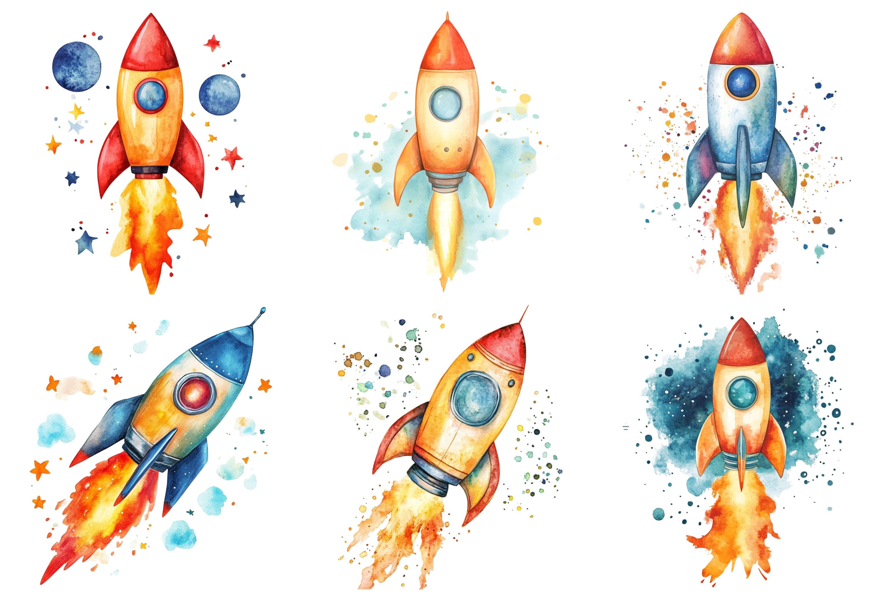 Watercolor Rocket Clipart, Png Bundle, Spaceship Clip Art, Ship ...