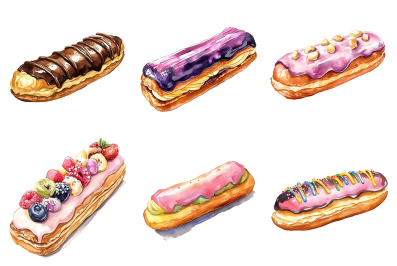 Watercolor Eclair Clipart Bundle, Eclair Png, Éclair Clip Art, French ...