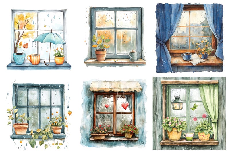 Watercolor Cozy Window Rainy Day Clipart Bundle, Png, Clip Art, Rain ...