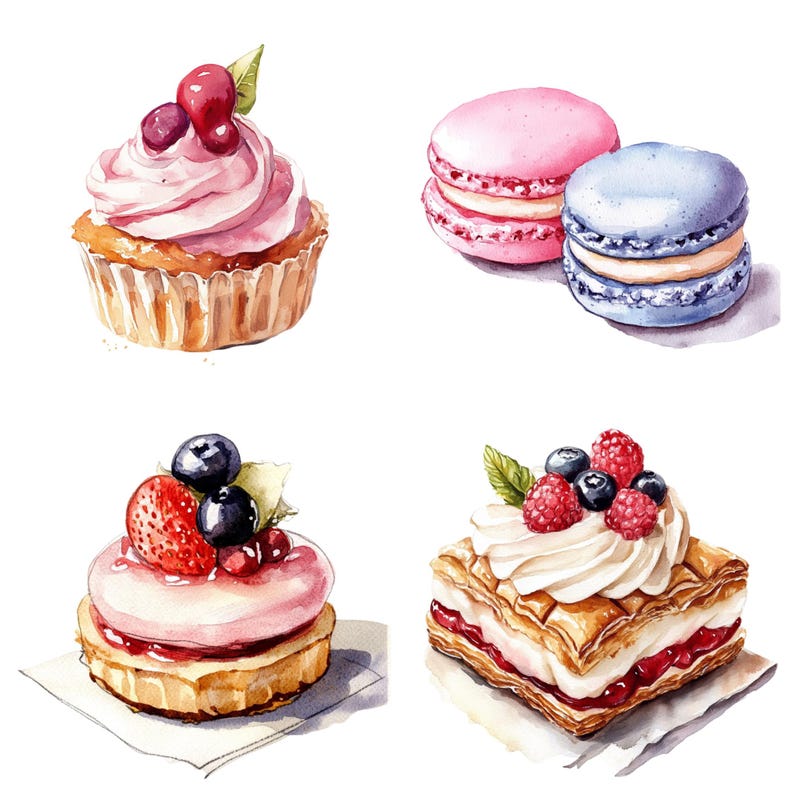 Watercolor French Pastry Clipart, Png Bundle, Dessert Clip Art ...