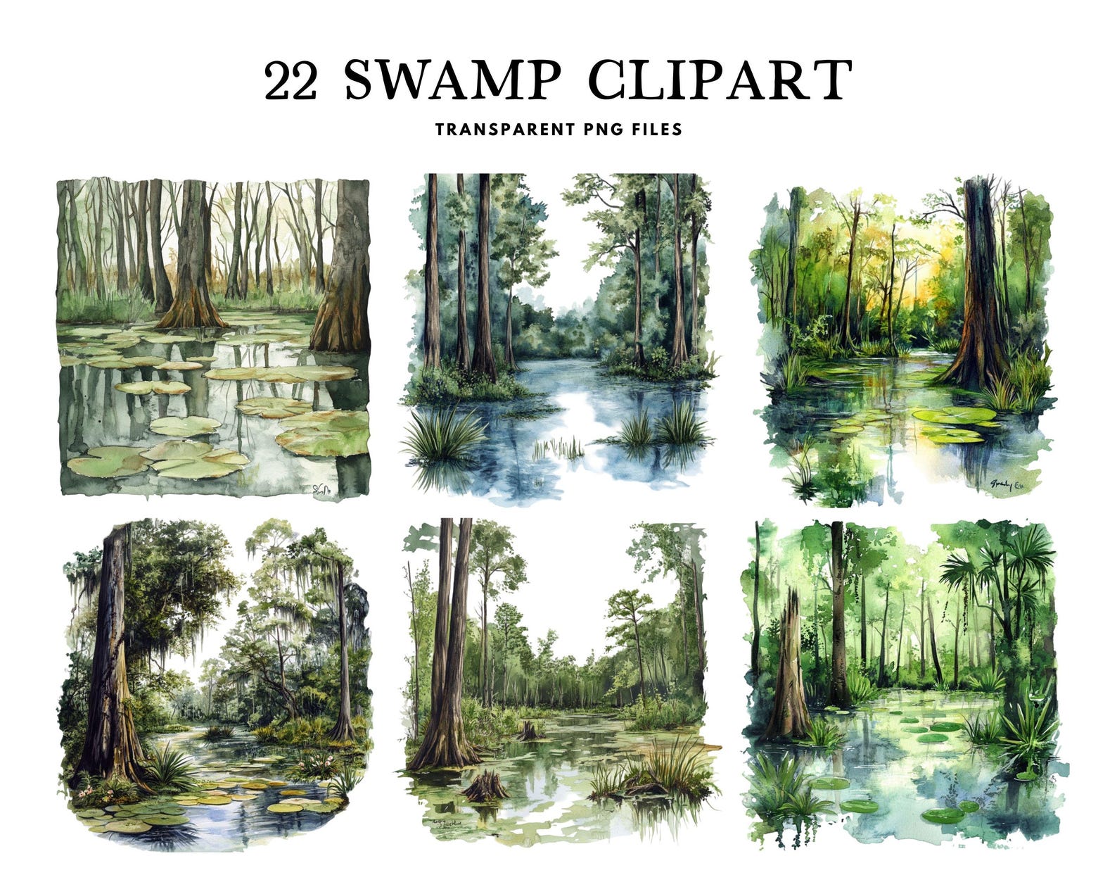 Watercolor Swamp Clipart, Png Bundle, Landscape Clip Art, Wetland ...