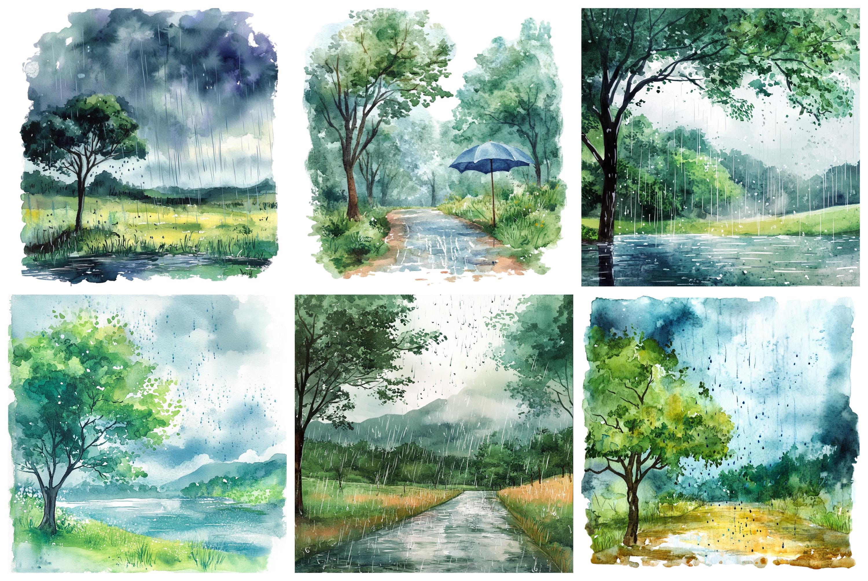 Watercolor Rain Clipart, Png Bundle, Landscape Clip Art, Cloud ...