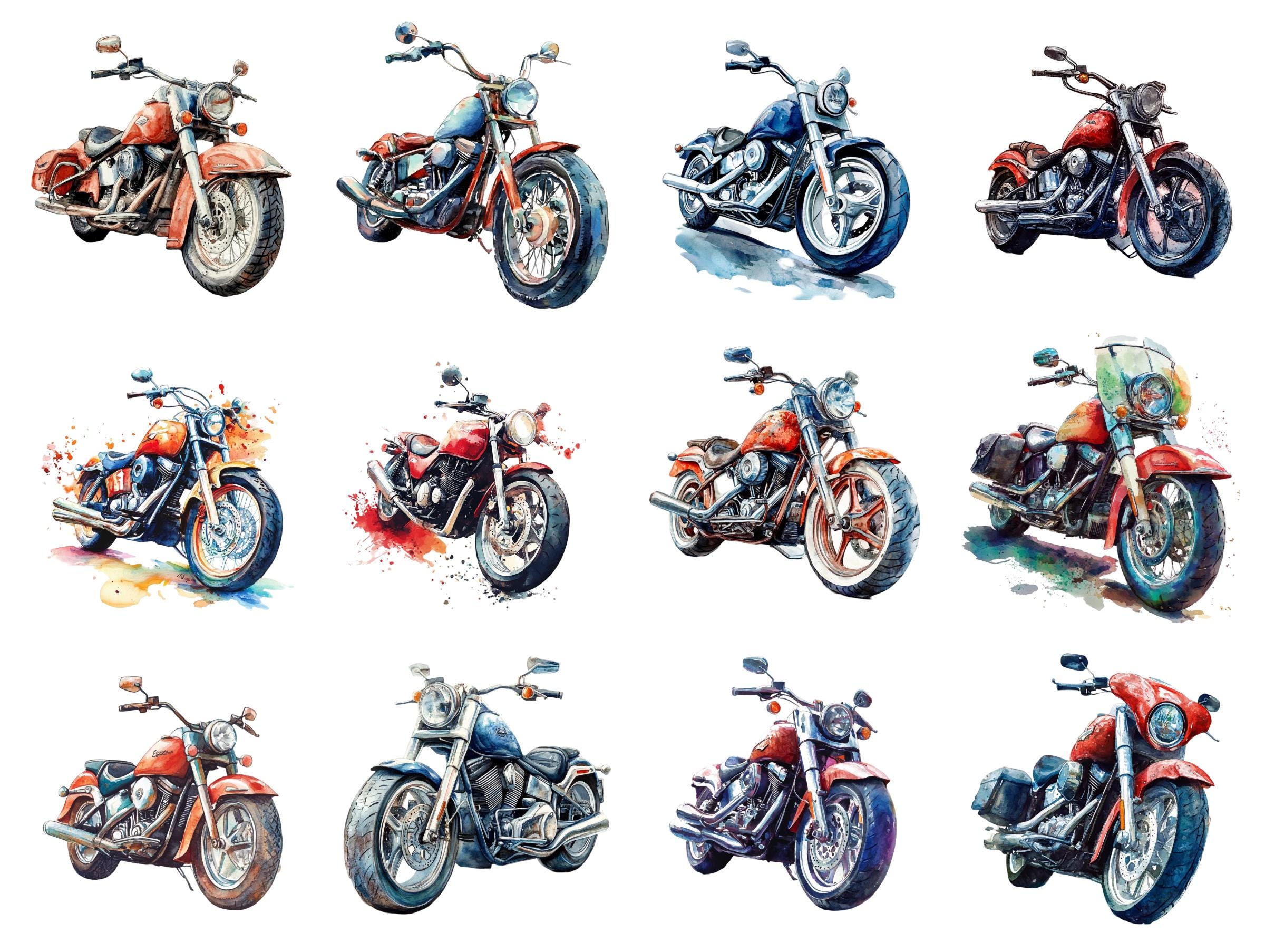 Watercolor Motorcycle Clipart Bundle, Motorcycle Png, Classic Motorbike ...