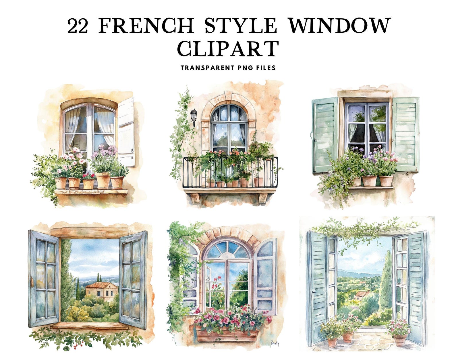 Watercolor French Style Window Clipart, Png Bundle, Clip Art ...