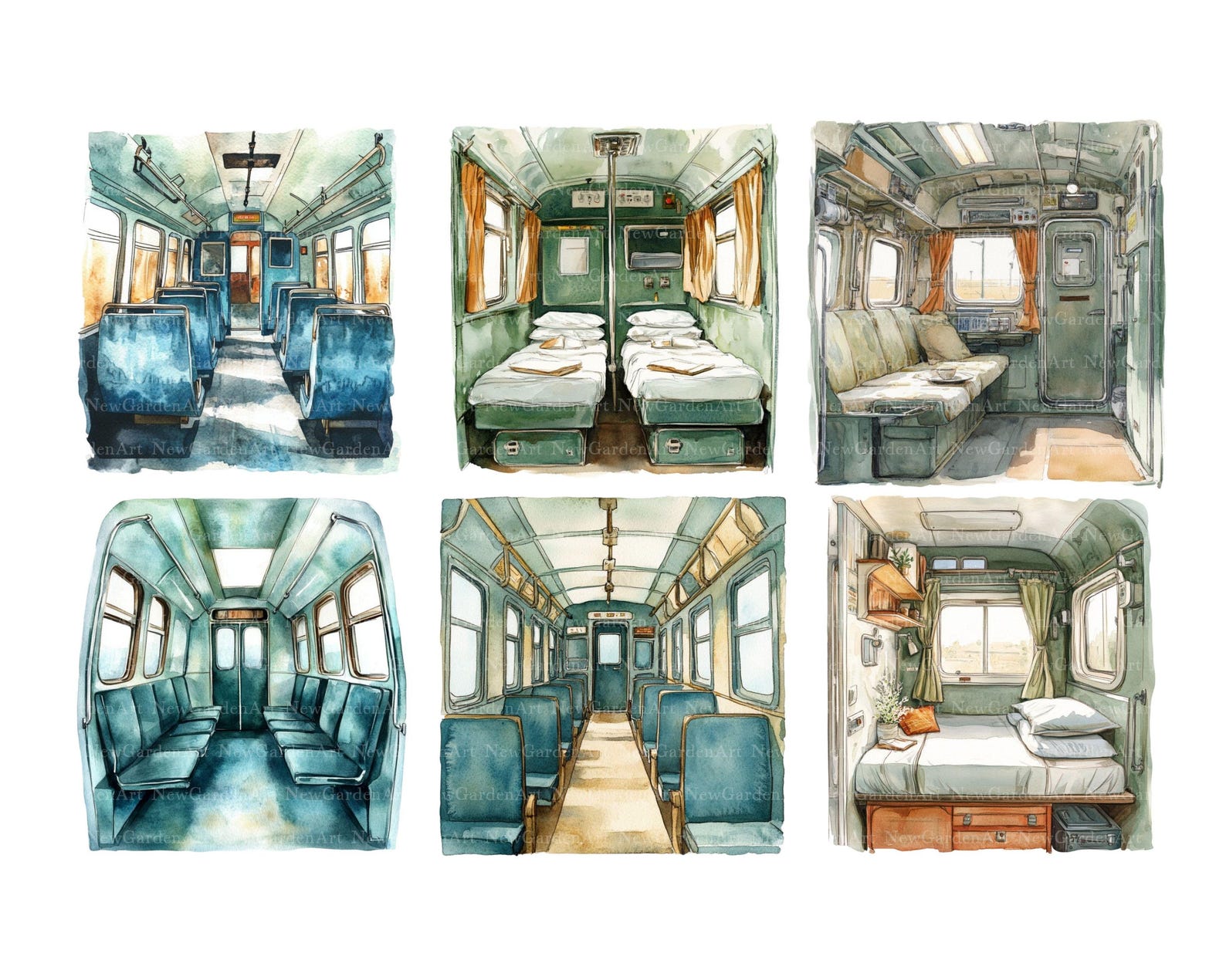 Watercolor Train Compartment Clipart Bundle, Train Compartment Png ...