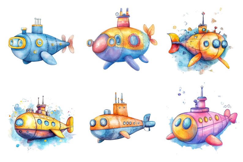 Watercolor Cartoon Submarine Clipart, Png Bundle, Submarine Clip Art ...