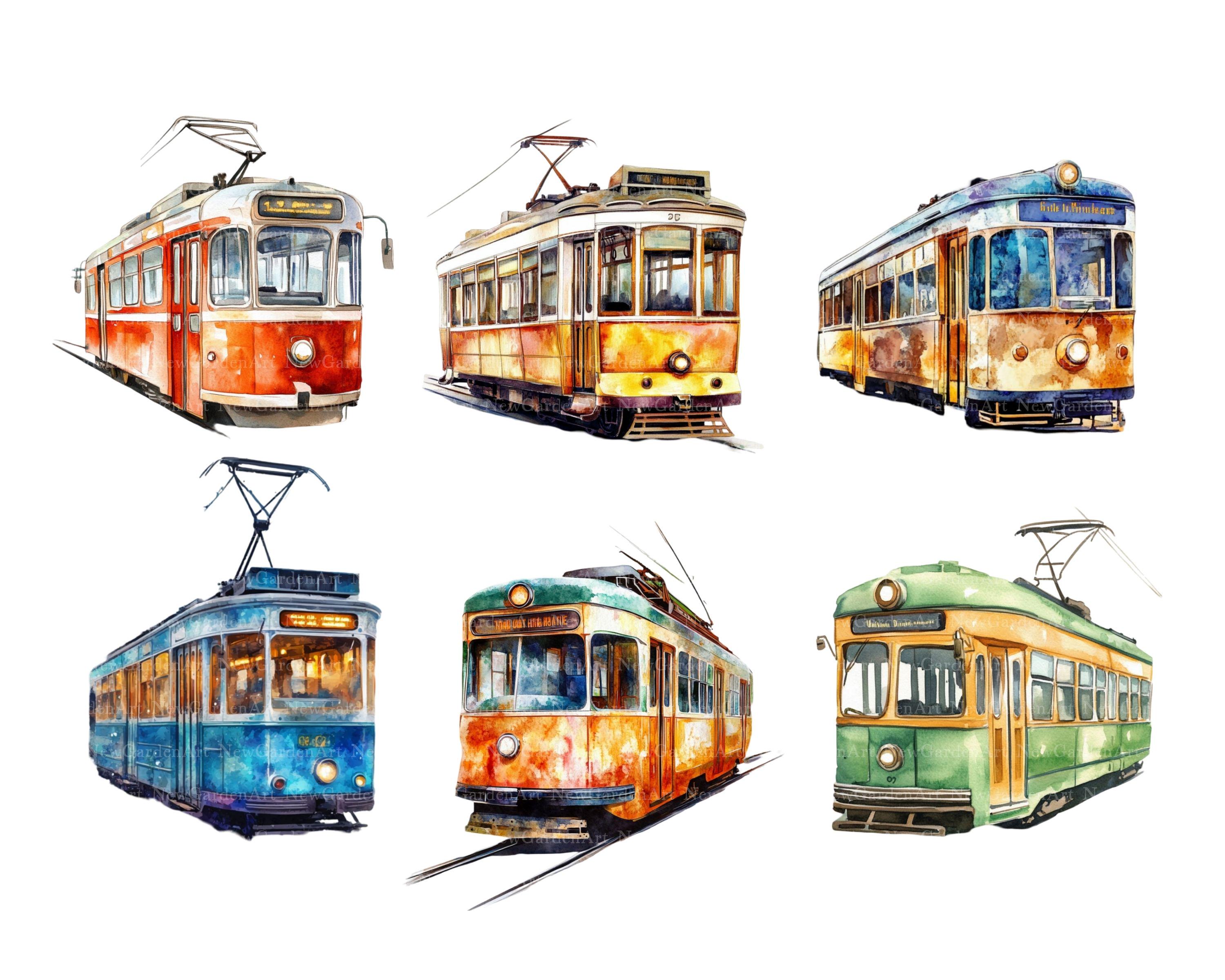 Watercolor Tram Clipart Bundle, Tram Png, Streetcar Clip Art, Vintage Tram Illustration, Retro ...