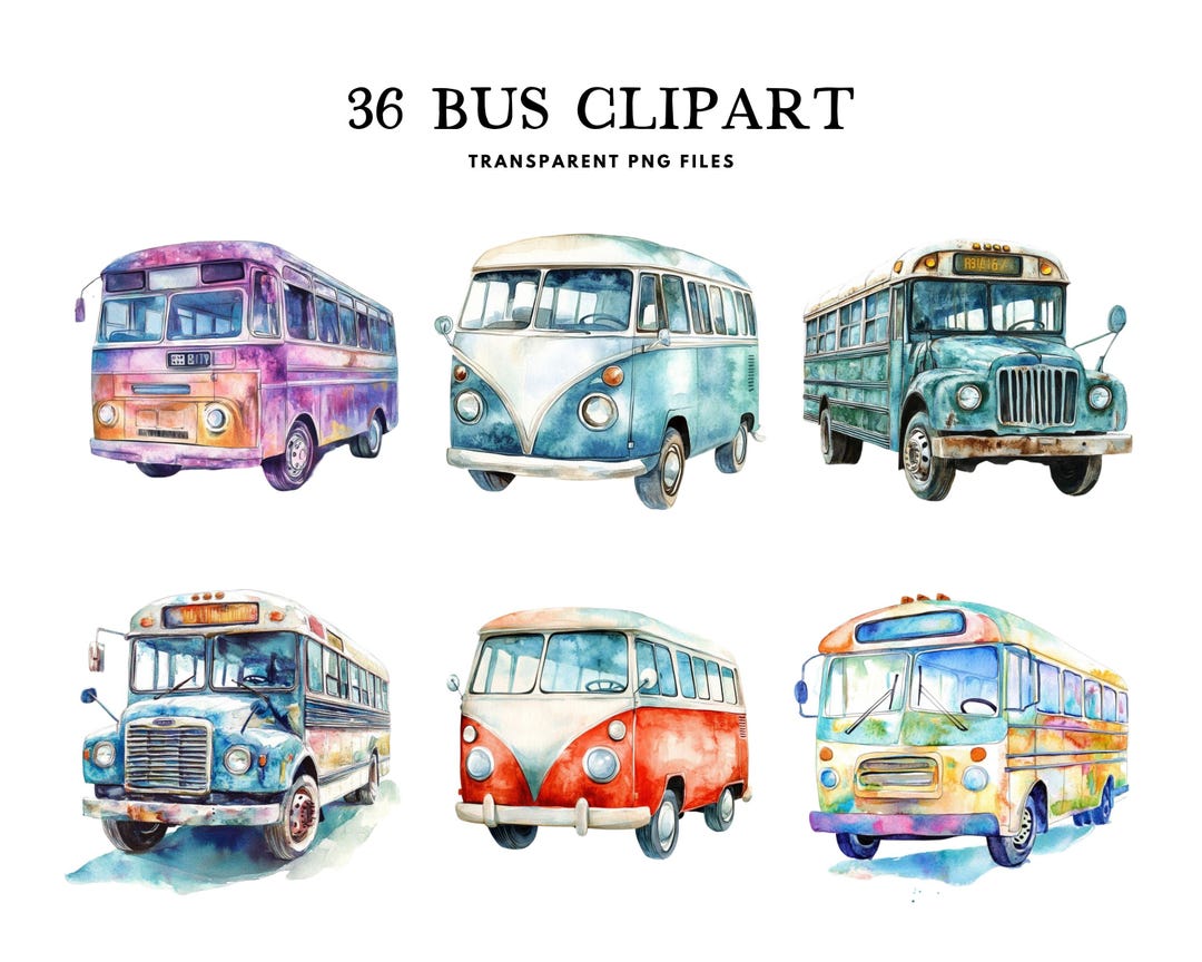 Watercolor Bus Clipart Bundle, Bus Png, Travel Bus Clip Art ...