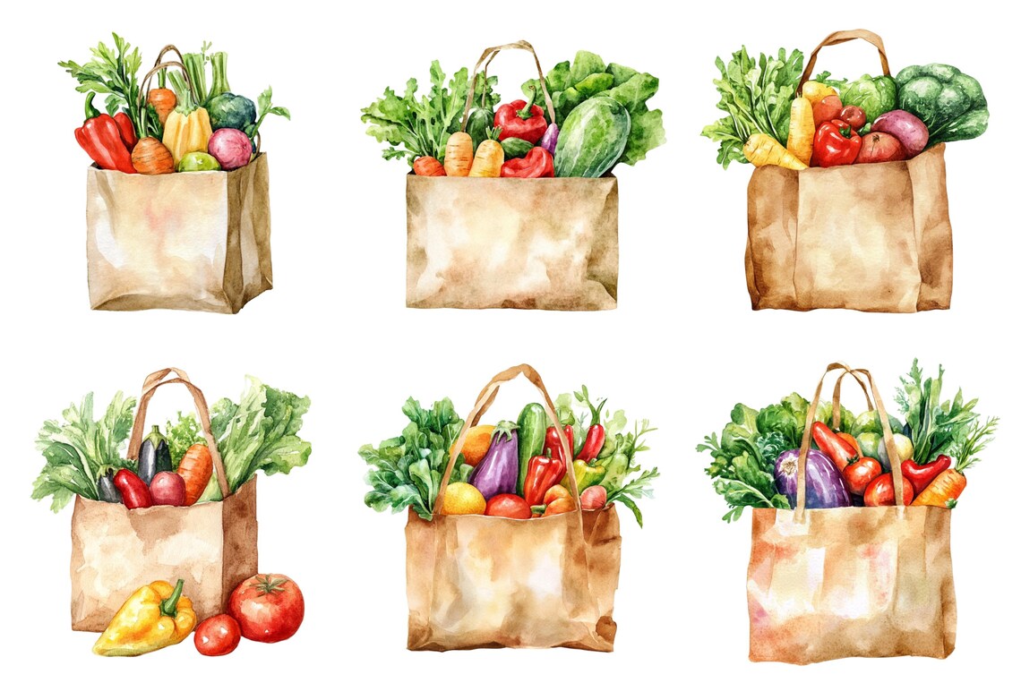 Watercolor Vegetables in Paper Bag Clipart, Png Bundle, Clip Art ...
