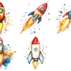 Watercolor Rocket Clipart, Png Bundle, Spaceship Clip Art, Ship ...