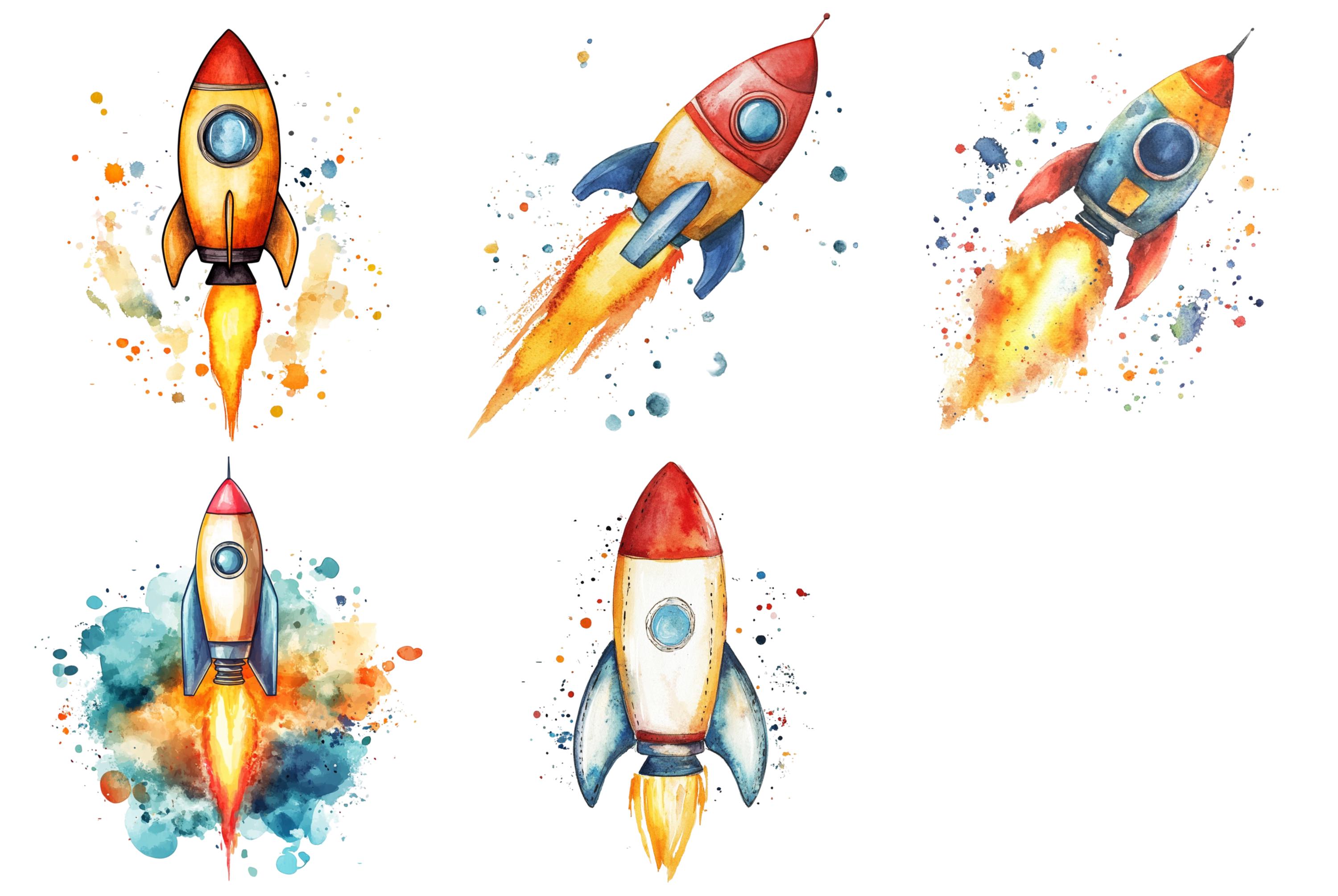 Watercolor Rocket Clipart, Png Bundle, Spaceship Clip Art, Ship ...