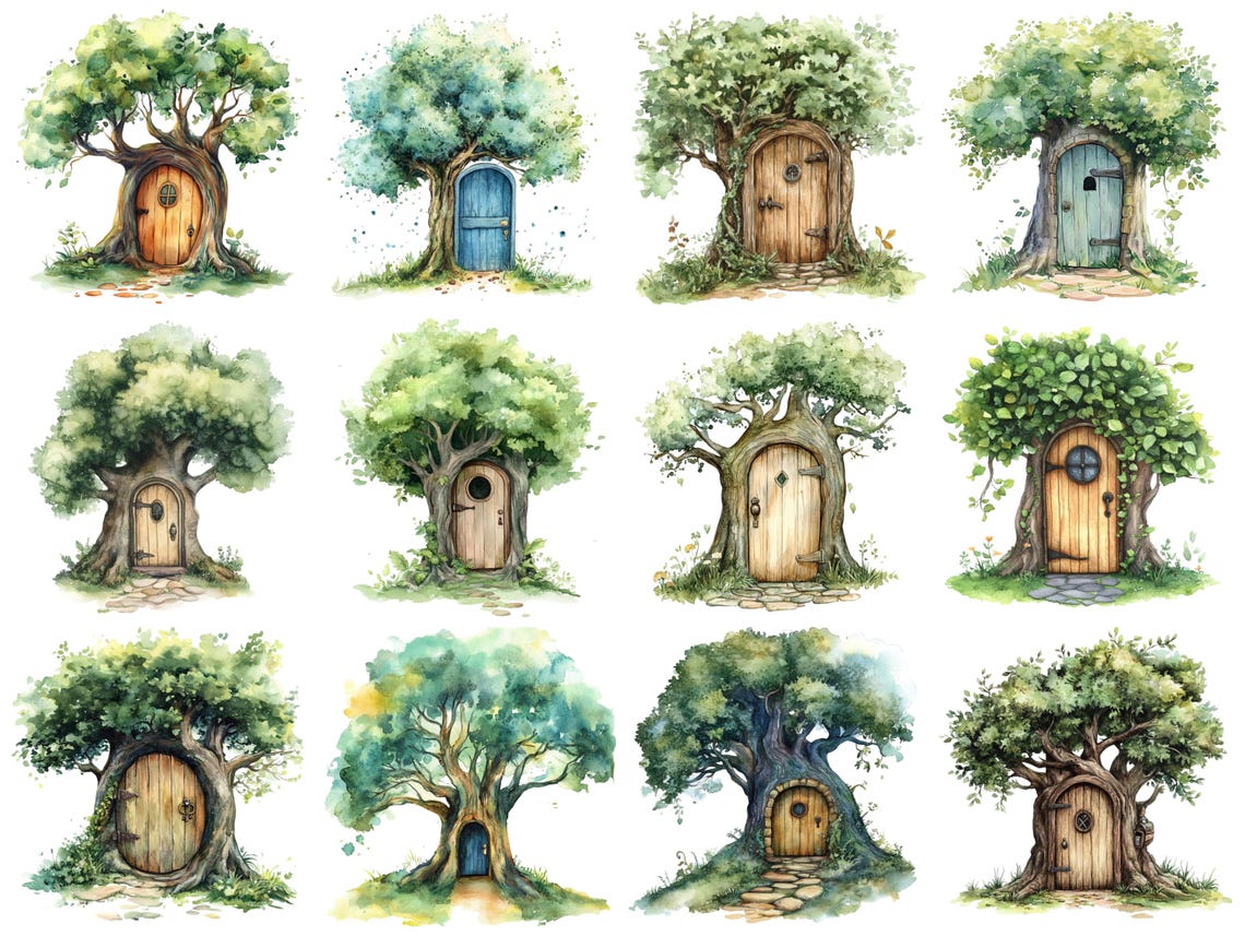 Watercolor Tree Door Clipart, Png Bundle, Clip Art Illustration, Garden ...