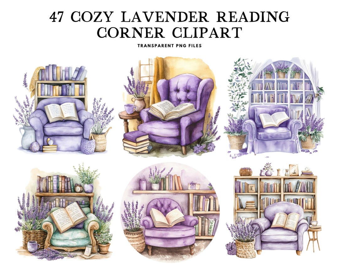 Watercolor Cozy Lavender Reading Corner Clipart Bundle, Png, Clip Art ...