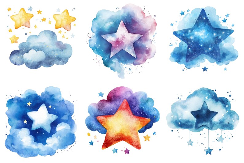 Watercolor Clouds and Stars Clipart Bundle, Png, Cloud Clip Art, Star ...