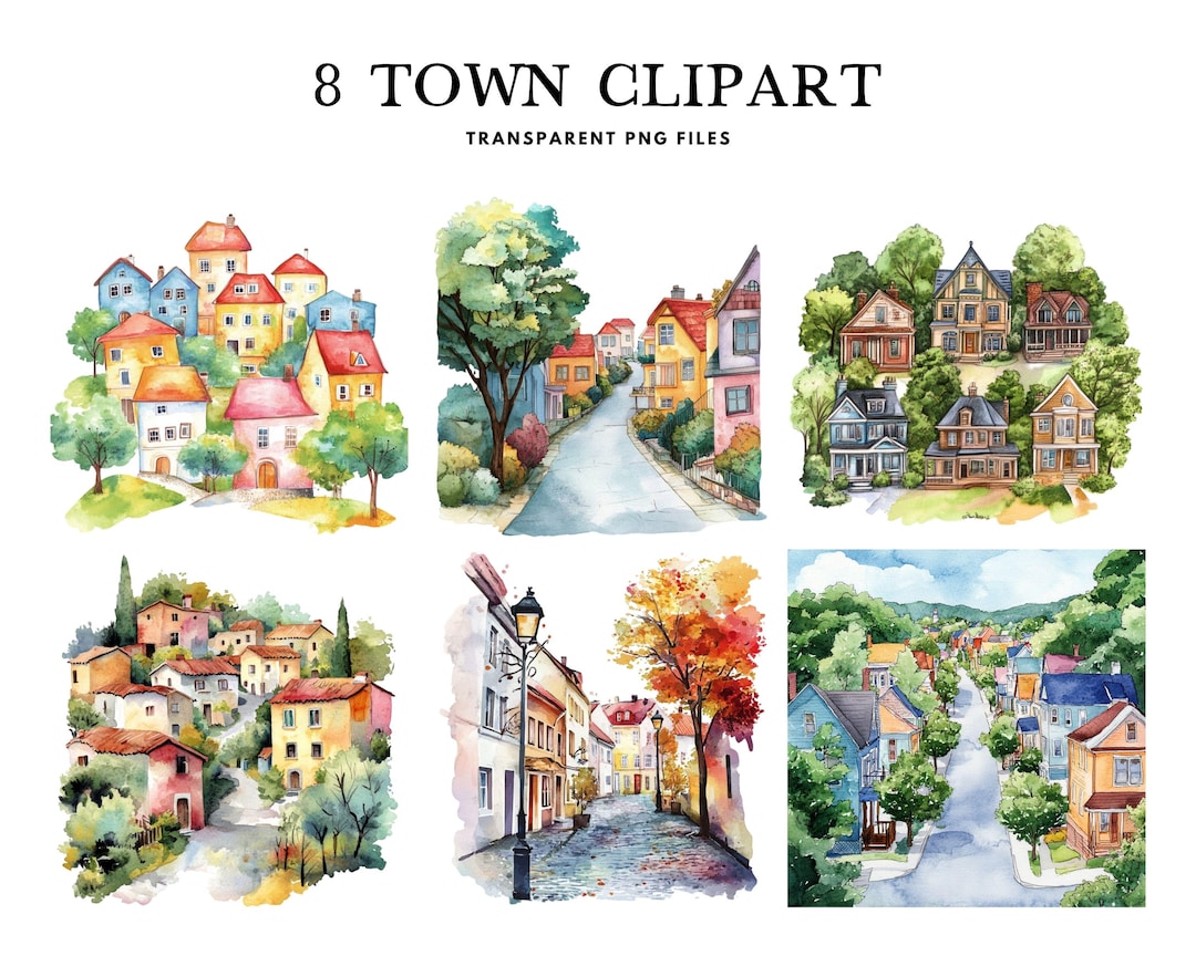 Watercolor Town Clipart, Png Bundle, Townscape Clip Art, Landscape ...