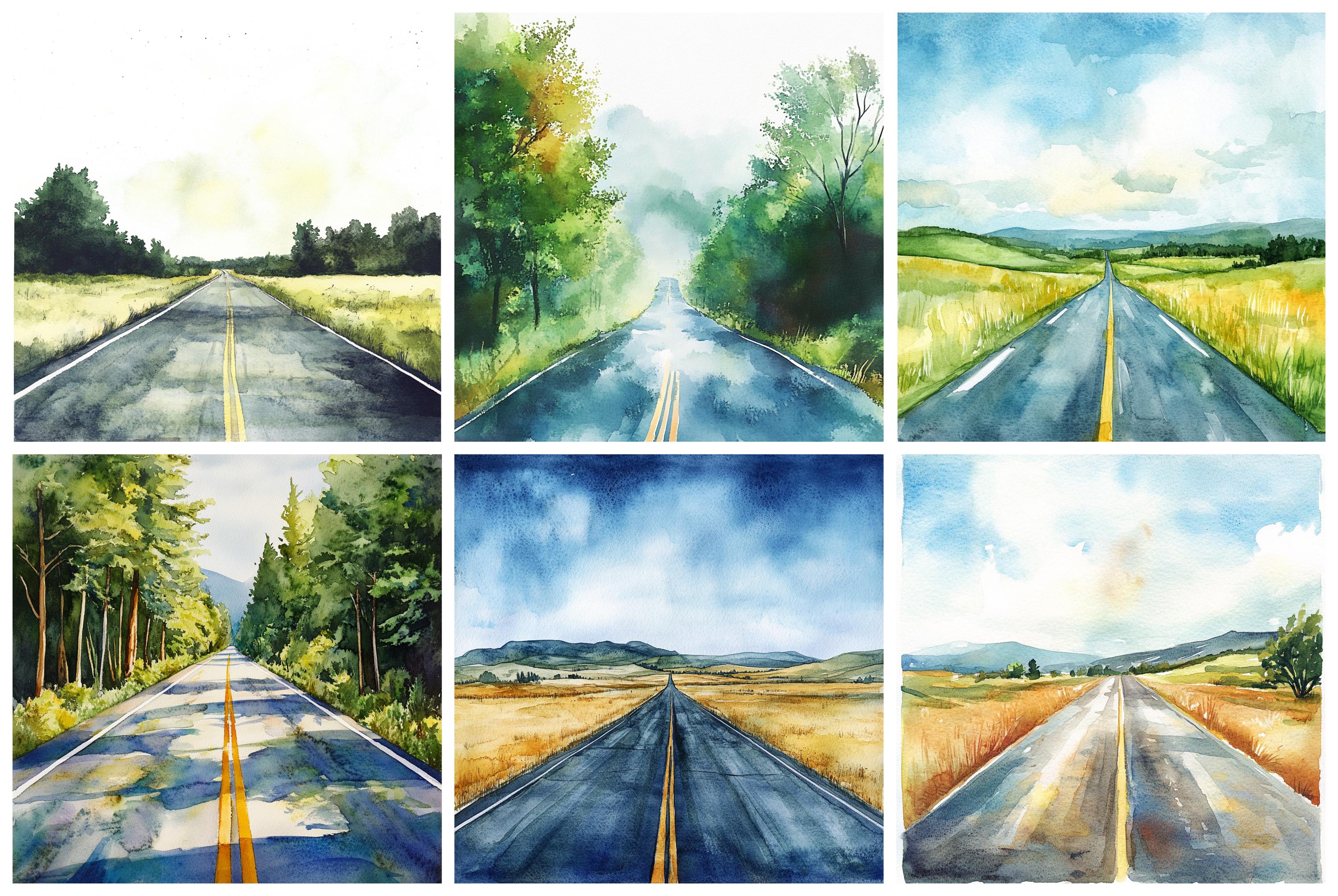 Watercolor Empty Road Clipart Bundle, Empty Road Png, Road Landscape ...