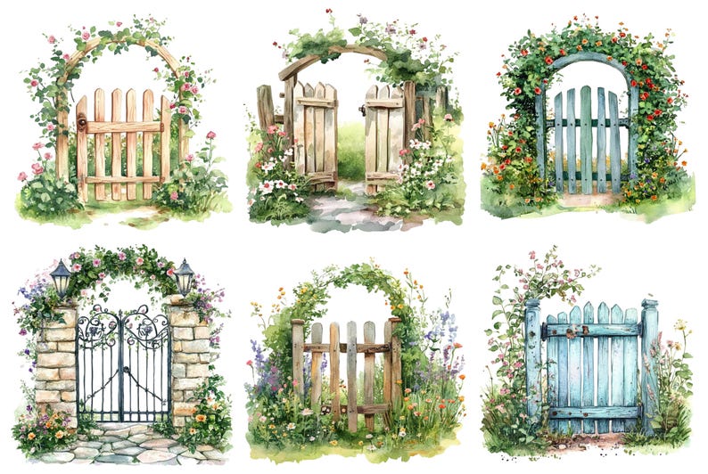 Watercolor Garden Gate Clipart, Png Bundle, Clip Art, Illustration ...