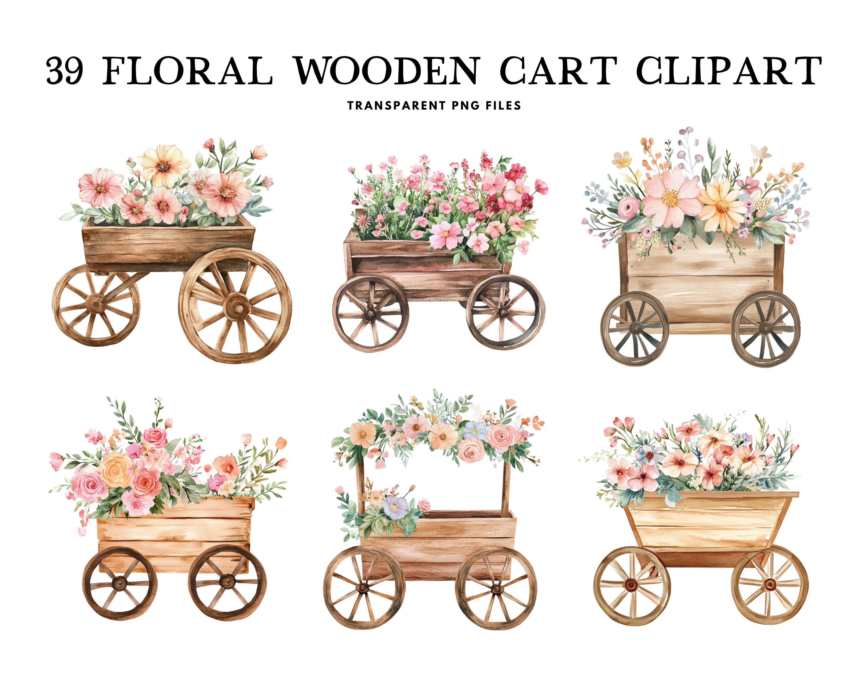 Watercolor Floral Wooden Cart Clipart, Png Bundle, Clip Art, Rustic ...