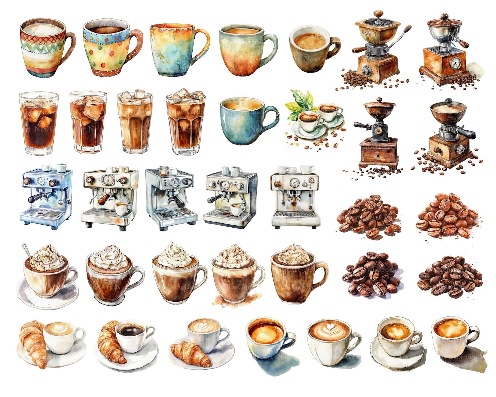 Watercolor Coffee Clipart Bundle, Coffee Png, Illustration, Latte Art ...
