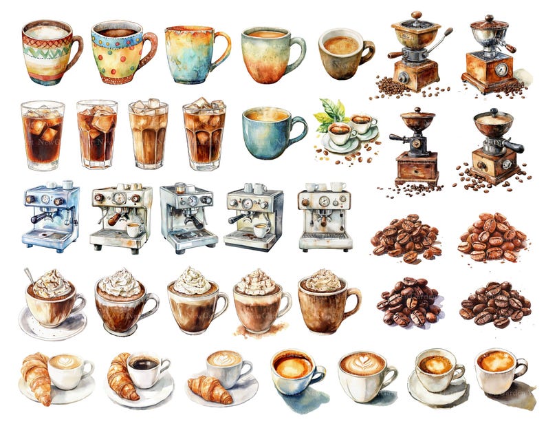 Watercolor Coffee Clipart Bundle, Coffee Png, Illustration, Latte Art ...