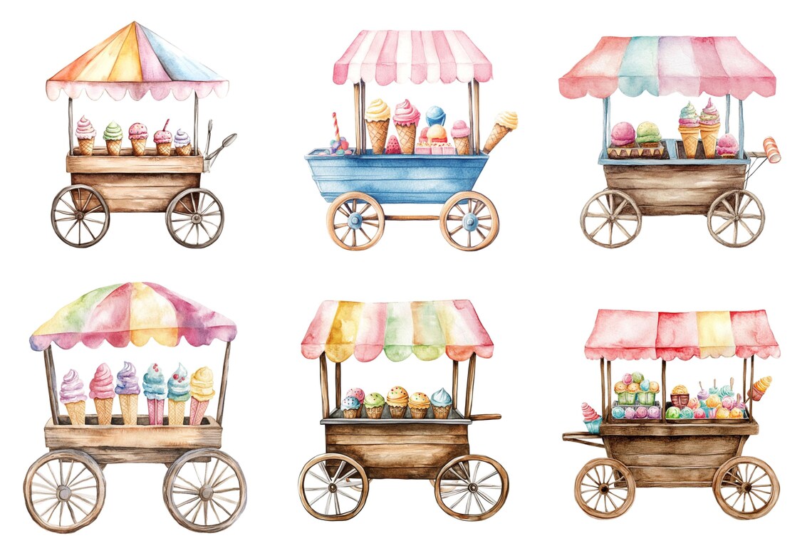 Watercolor Ice Cream Cart Clipart Bundle, Ice Cream Cart Png, Clip Art ...