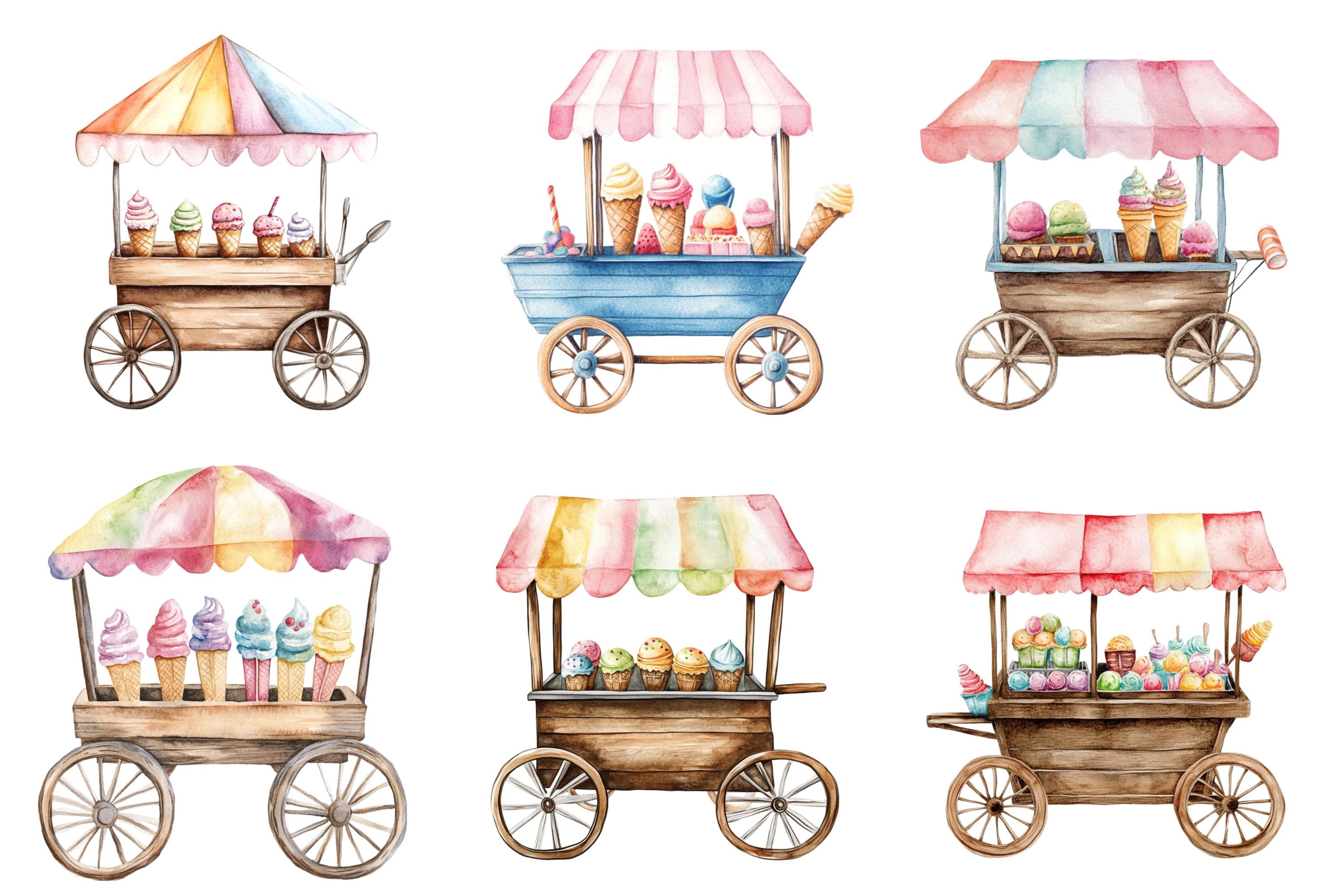 Watercolor Ice Cream Cart Clipart Bundle, Ice Cream Cart Png, Clip Art ...